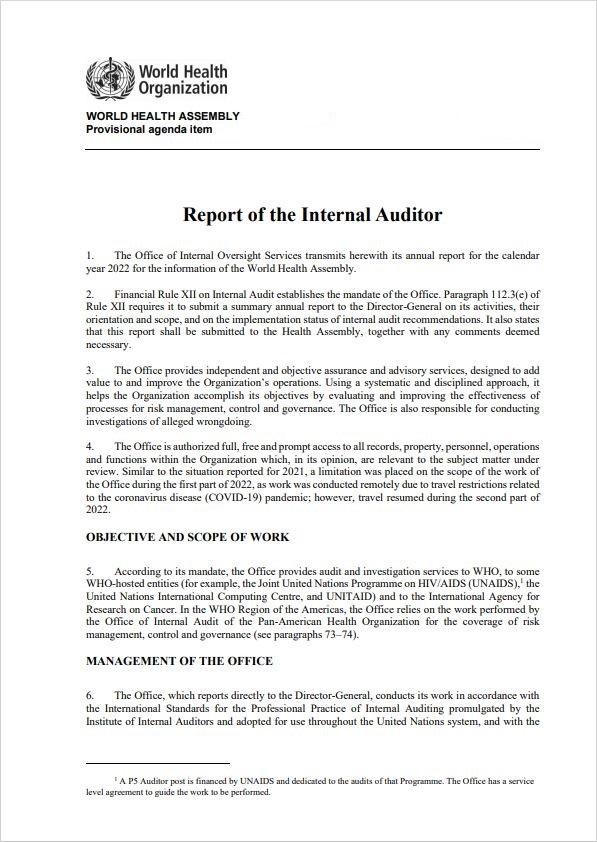 Report of the Internal Auditor