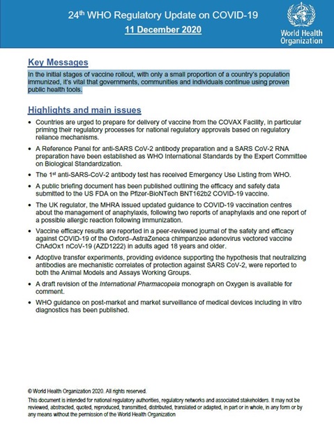 24th WHO Regulatory Update on COVID-19