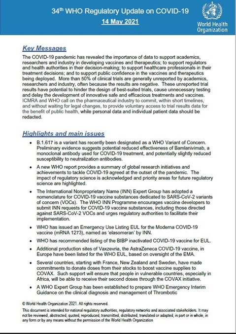 34th WHO Regulatory Update on COVID-19
