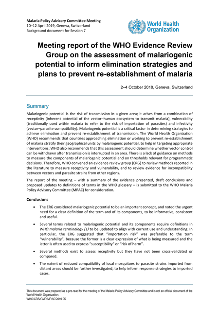 Meeting report of the WHO Evidence Review Group on the assessment of ...
