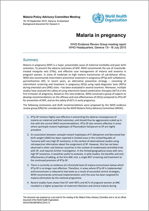 Meeting report of the WHO Evidence Review Group on malaria in pregnancy ...
