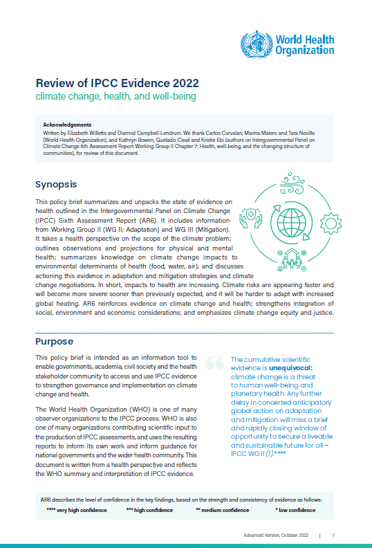 Review of IPCC Evidence 2022: climate change, health, and well-being