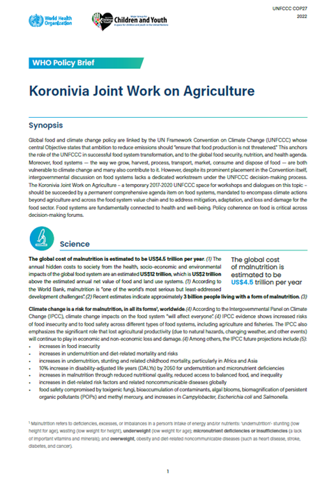WHO Policy Brief: Koronivia Joint Work on Agriculture WHO Policy Brief: Koronivia Joint Work on Agriculture