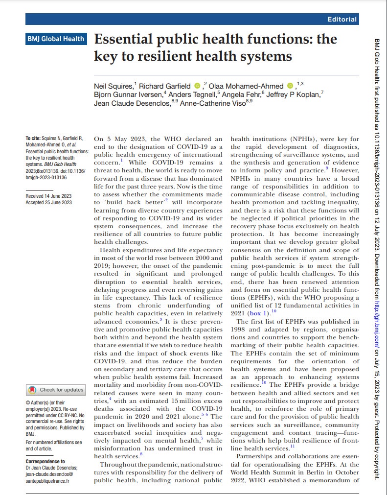 Essential public health functions: the key to resilient health systems