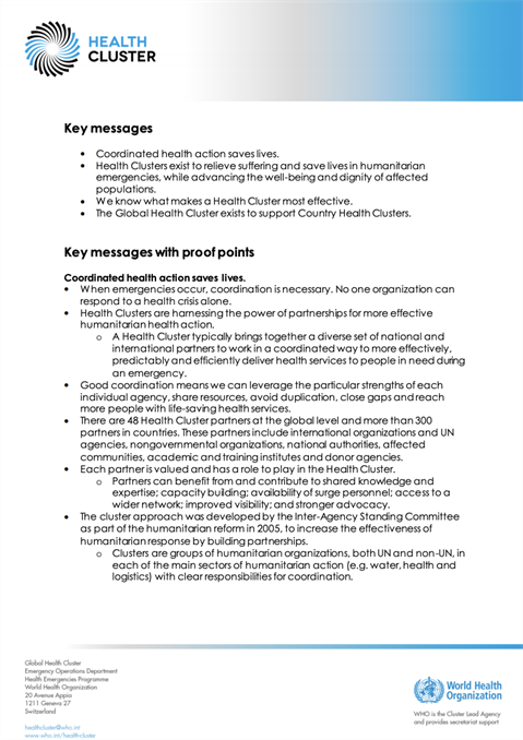 Health Cluster Coordination generic key messages