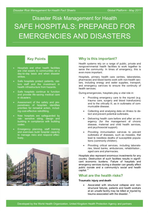 Disaster Risk Management for Health: Safe Hospitals: Prepared for ...