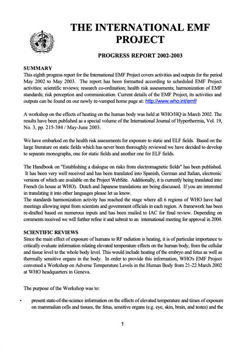 International EMF Project - Progress reports - June 2002-2003