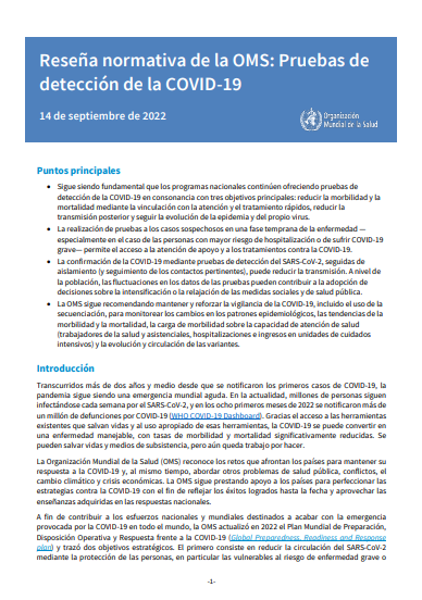 Reseña normativa de la OMS: Pruebas de detección de la COVID-19, 14 de septiembre de 2022