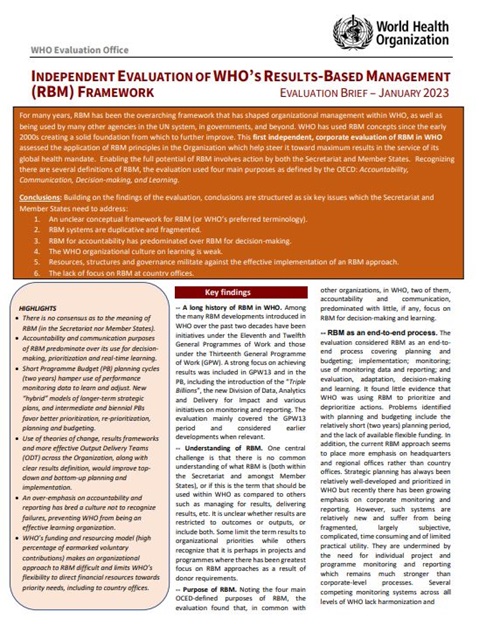 Independent Evaluation of WHO’s Results-Based Management (RBM) Framework (2023): Evaluation ...