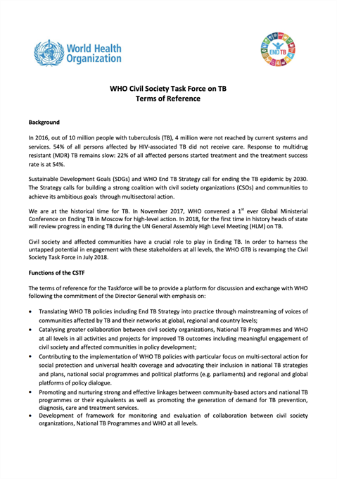WHO Civil Society Task Force on TB: Terms of Reference